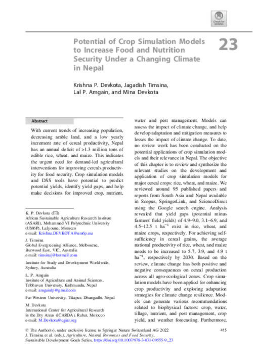 Potential of Crop Simulation Models to Increase Food and Nutrition Security Under a Changing ...